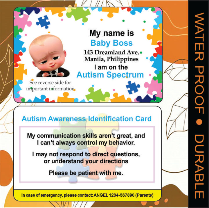AUTISM / DOWN SYNDROME / ADHD Identification card, PVC TYPE ATM SIZE ...