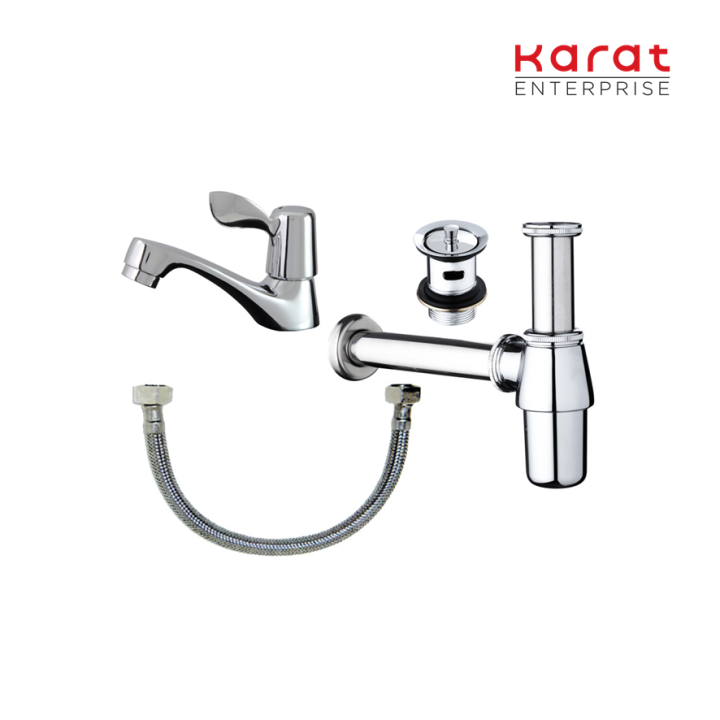 Karat Faucet ชุดเซ็ทก๊อกเดี่ยวอ่างล้างหน้า สะดืออ่าง ท่อน้ำทิ้งและสายน้ำดียาว 16 นิ้ว รุ่น KFA ...