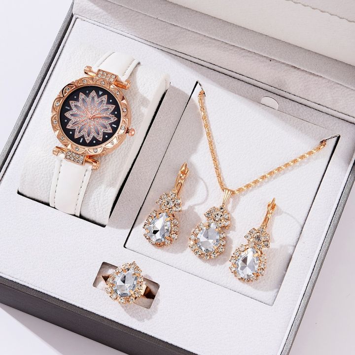 5-piece Women's Quartz Leather Watch Fashion Diamond Women's Gift Set ...