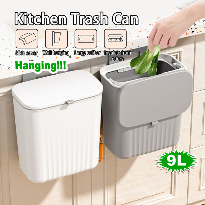9L Kitchen Trash Can With Cover Household Sliding Wall Mounted Hanging ...