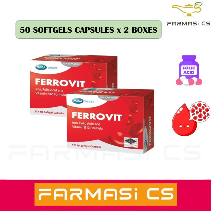 PROMO Mega Ferrovit 50 Softgels Capsules x 2 Boxes EXP:08/2026 [ Iron ...