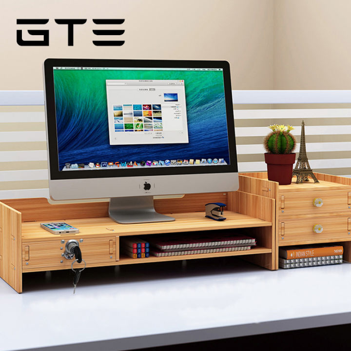 GTE Computer Monitor Booster Rack Wooden Office Desk Storage Organizer ...