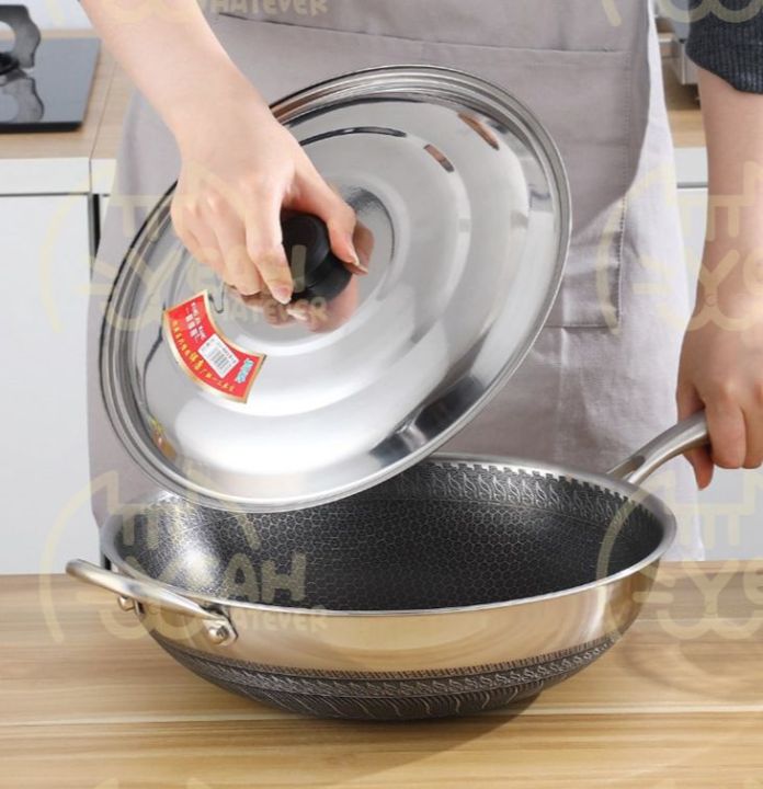 Stainless Steel Kitchen Cooking Silver Pot Kawali Wok Pan Lid Cover ...