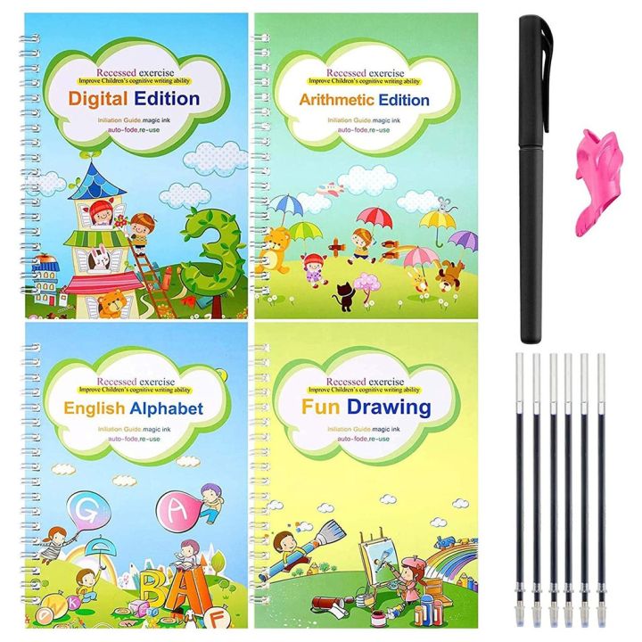 4 Book + Pen Set Kids Reusable Learning Copybook Reading and Writing ...