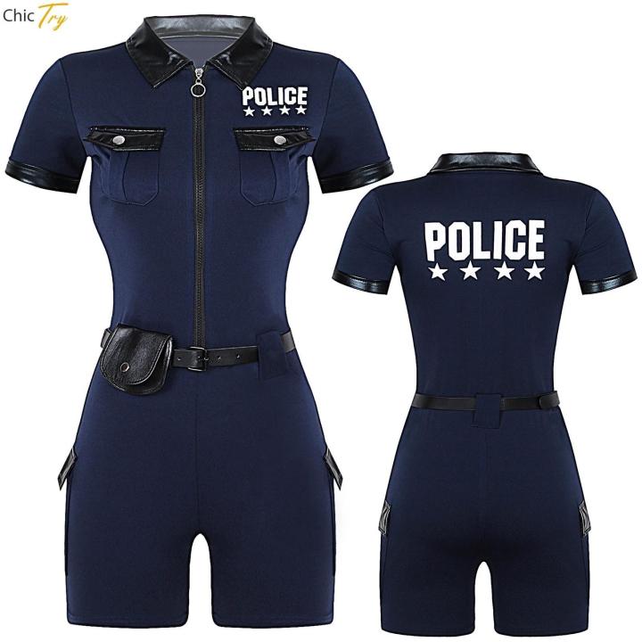 Women Policewoman Costume Police Romper Uniform Zipper Jumpsuit With ...
