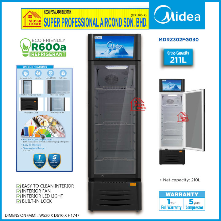 Midea Chiller Showcase MDRZ302FGG30 (211L) R600A ECO REFRIGERANT ...