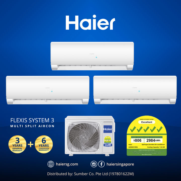 Haier Flexis 5 Ticks System 3 Multi Split Aircon AS25 x 3 / 4U65 (R32 ...