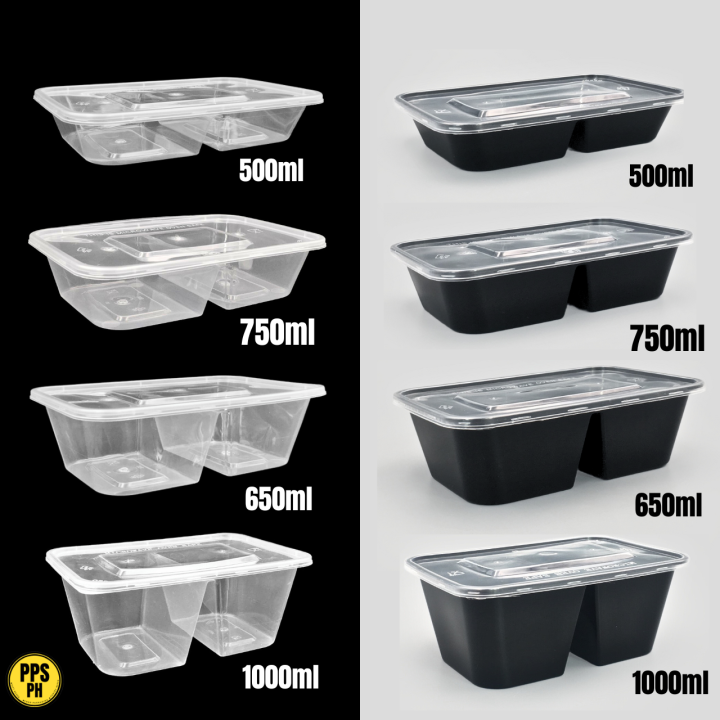 10PCS 2 Division Black/Clear Disposable Lunch Box Microwavable Plastic ...