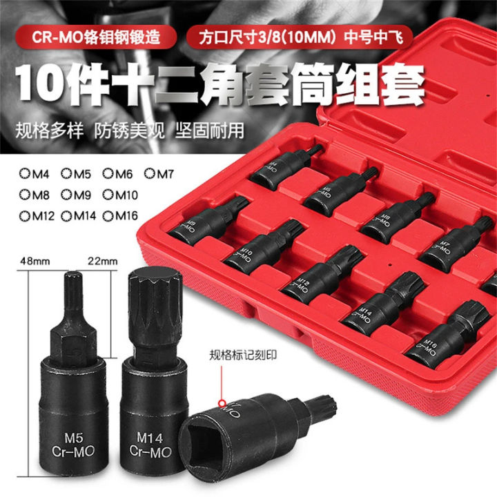 10pcs 12 Point Torx Bit Socket Set 3/8 Adapter Allen Key Spline Kits M4 ...