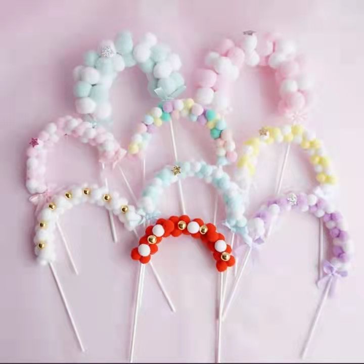 Ins Style Pompon Arched Door Bowknot Cake Topper Plug In Baking Props