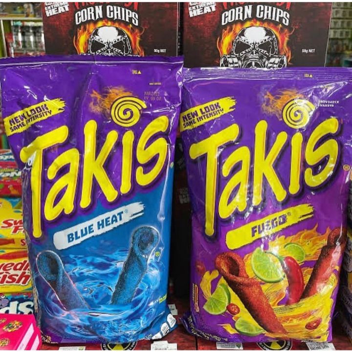 Takis FUEGO & BLUE HEAT Hot Chili Pepper & Lime Tortilla Chips ขนม usa ...
