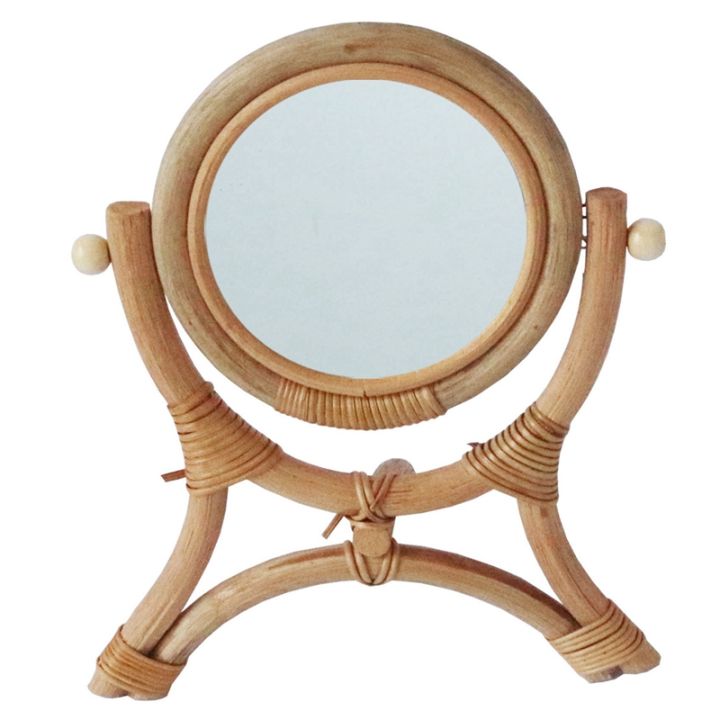 (OZDA) Hand-Woven Table Makeup Mirror with Stand Rack Natural Rattan ...