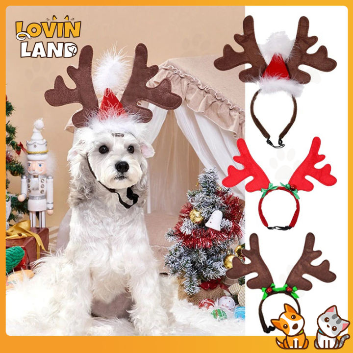 Lovinland Christmas Dog Elk Reindeer Antler Headband Santa Hat Cap Pet ...