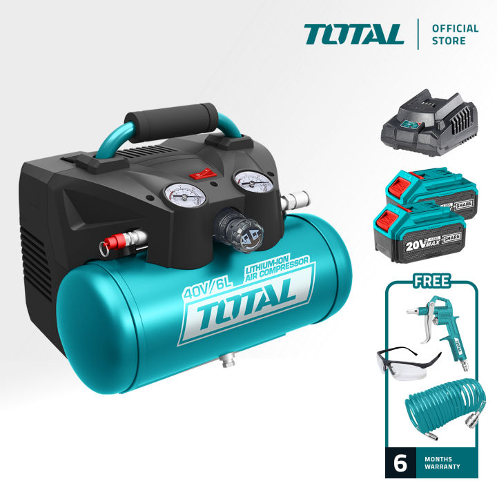 TOTAL Li-ion Auto Air Compressor + Battery (2 pcs) & Charger + incl ...