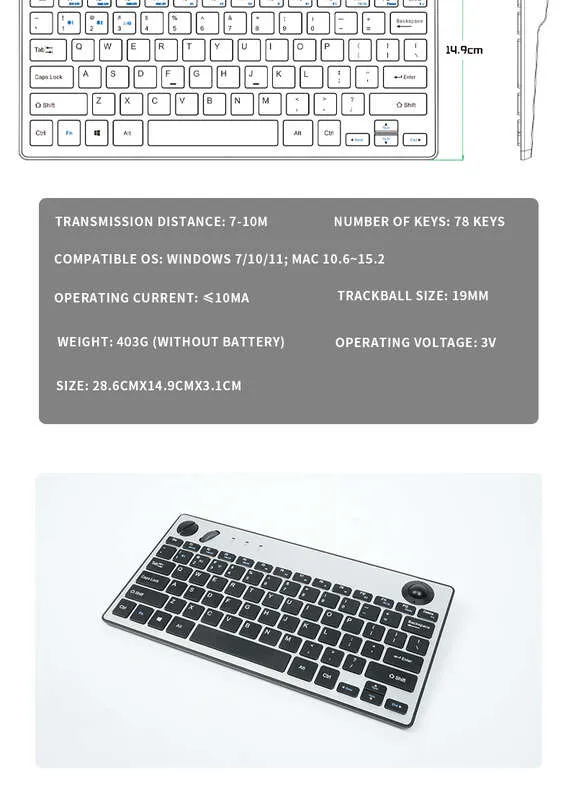 Ergonomic Keyboard Trackball Banalove 2.4GHz Wireless Mini Portable ...