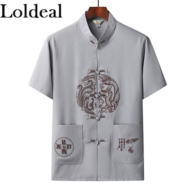 Loldeal Short Sleeve Shirt Chinese Style Slim Fit Red Embroidered Stand ...