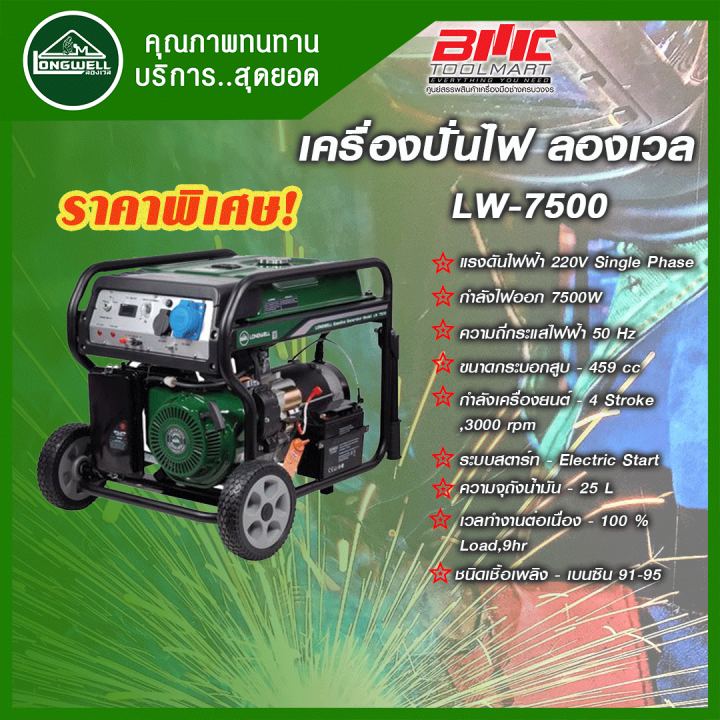 LONGWELL เครื่องปั่นไฟเบนซิน LW-7500 ลองเวล เครื่องกำเนิดไฟฟ้า | Lazada.co.th