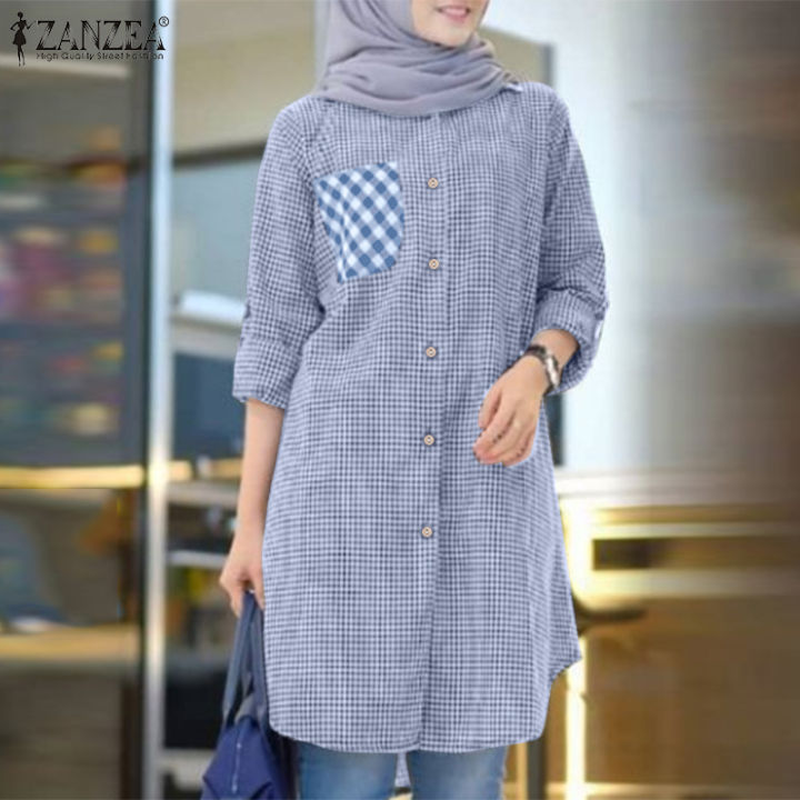 Hijabfab Zanzea Muslimah Women Muslim Casual Plaid Long Sleeve Abaya