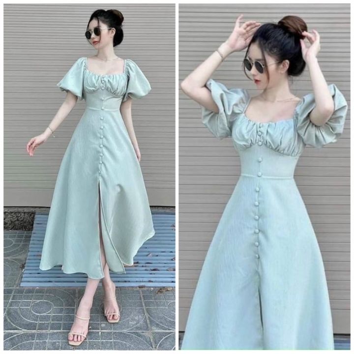 Mint dress with buttons covered with split chest (included real ...