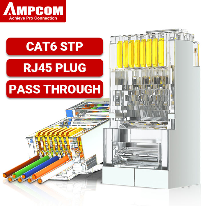 AMPCOM Pass Through 8P8C STP RJ45 Connectors, CAT6/CAT5E Shielded 3/50μ ...