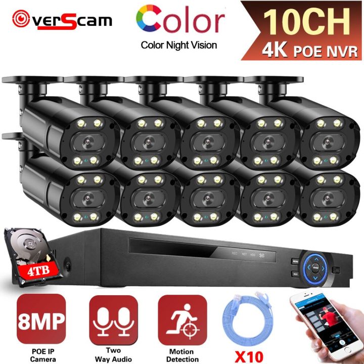 10CH POE CCTV Camera Security System Kit 4K NVR Kit Full Color Night ...