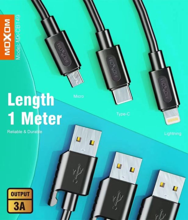Moxom CB149 1 Meter 3A Hook Data Cable For Micro USB / Lightning / Type ...