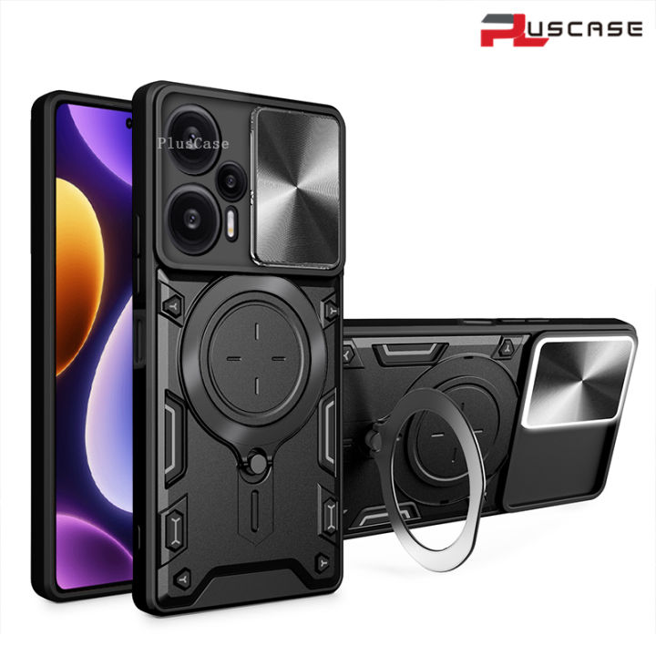 PlusCase for Xiaomi Poco F5 Push-Pull Lens Cover Metal Ring Stand Case ...
