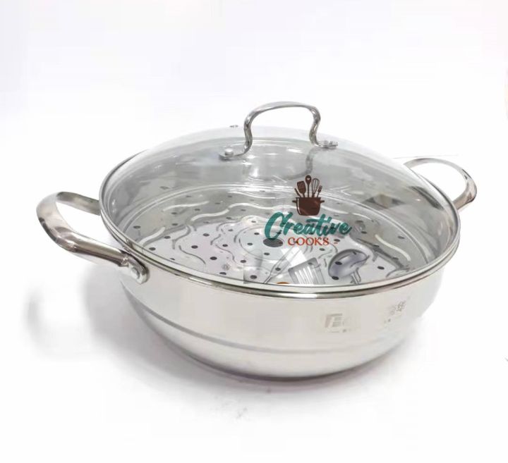 STEAMER POT KASEROLA WITH GLASS COVER DOUBLE HANDLE POT (FH0136) 32CM ...
