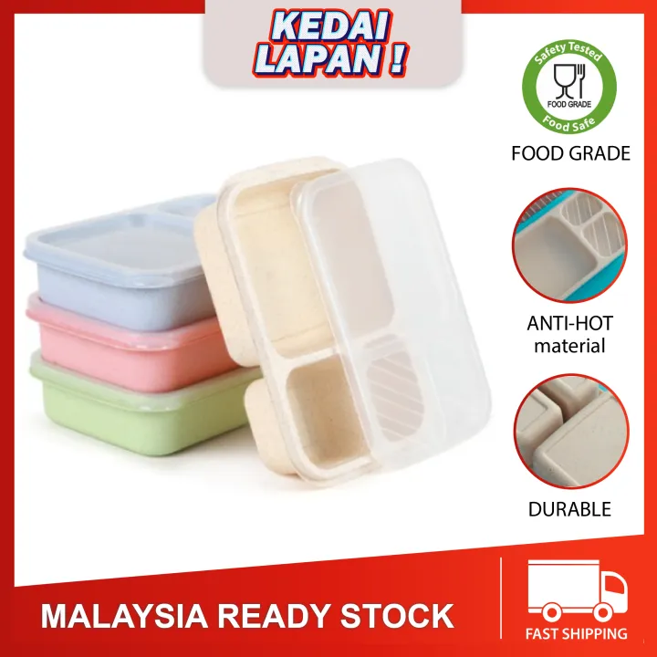 Bento Box Three Grid Lunch Box Wheat Straw Food Grade 三格午餐便当盒 | Lazada