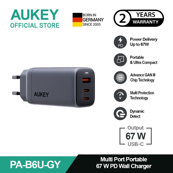 Aukey Charger Multi Port Type C and USB A 67W GAN III PD 3.0 PPS Fast Charging PA-B6U-GY ...