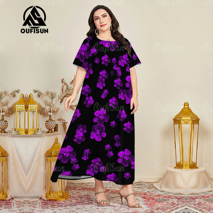เดรสใหม่ 2024 ชุดสีม่วงดอกไม้พิมพ์ชุดแม็กซี่ฤดูร้อนชุดลำลองหลวม S-5XL | Lazada.co.th