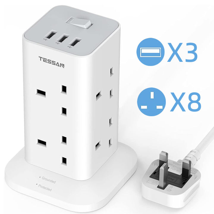 TESSAN Multiplug Tower Extension Plug Heavy Duty Desk Clamp Power Strip ...