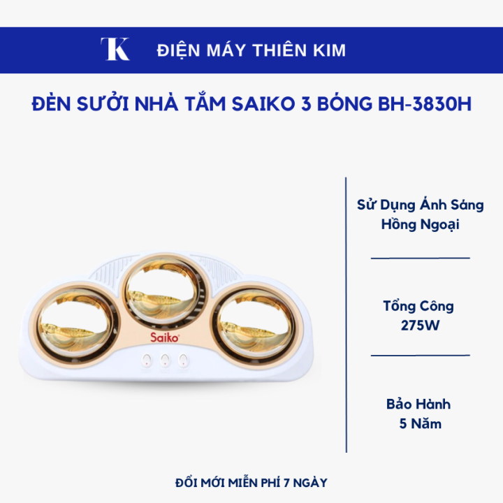Đèn sưởi nhà tắm Saiko 3 bóng BH-3830H 825W - Bảo Hành 5 Năm Toàn Quốc ...