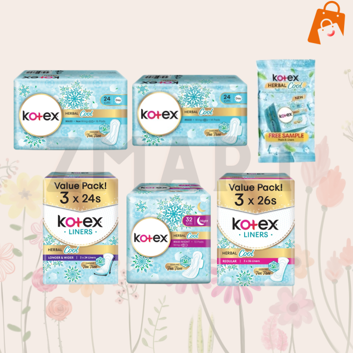 Kotex Natural Care Maxi Herbal Cool Non-Wing Liners Regular Longer ...