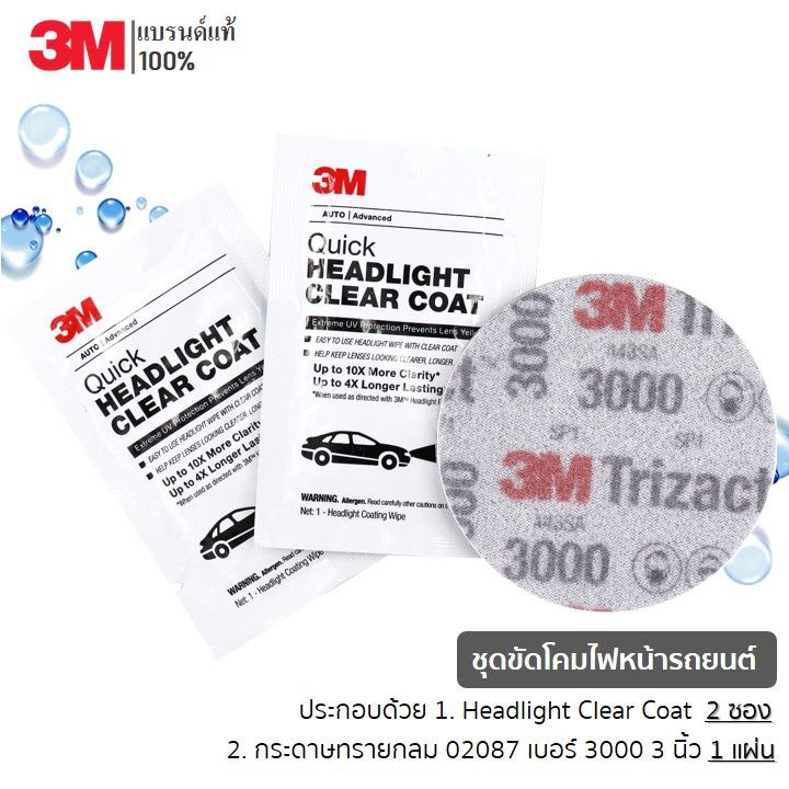3M ชุดขัดโคมไฟหน้ารถยนต์ Headlight Clear Coat 2 ซอง + กระดาษทรายกลม ...