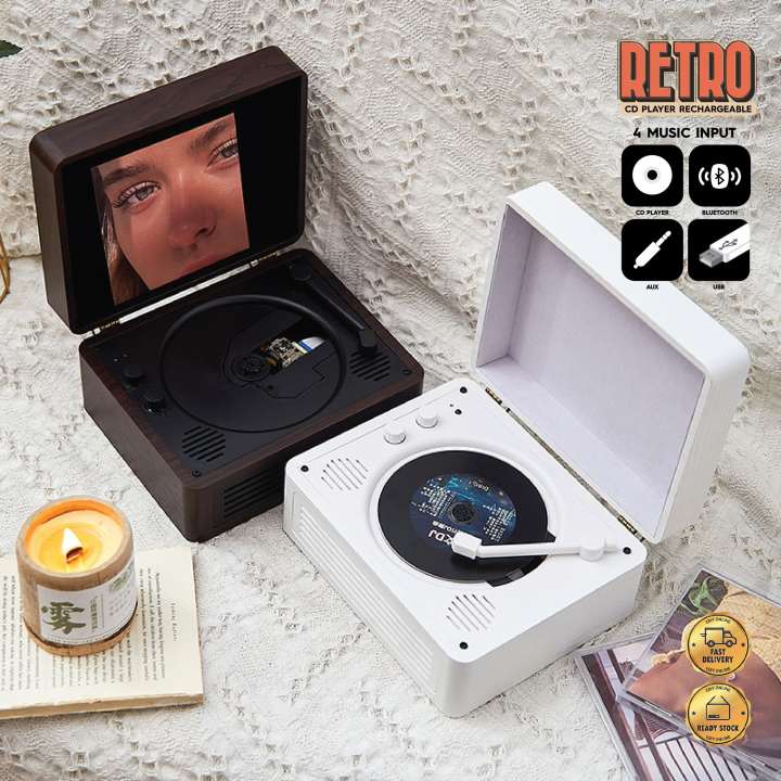 Portable Retro CD Player Bluetooth USB AUX Rechargeable Audio Speaker ...