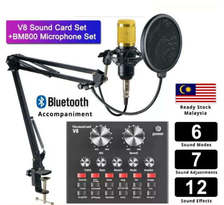 V8 Sound Card full set with BM-800 Microphone Condenser Recording Mic Kit Set Sing Vocal Audio ...