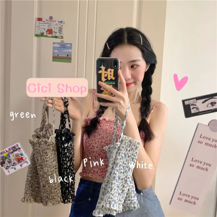 Cici (6142)สายเดี่ยวสม็อคแต่งลายFLOWERมินิมอล สีน่ารักมากๆ | Lazada.co.th