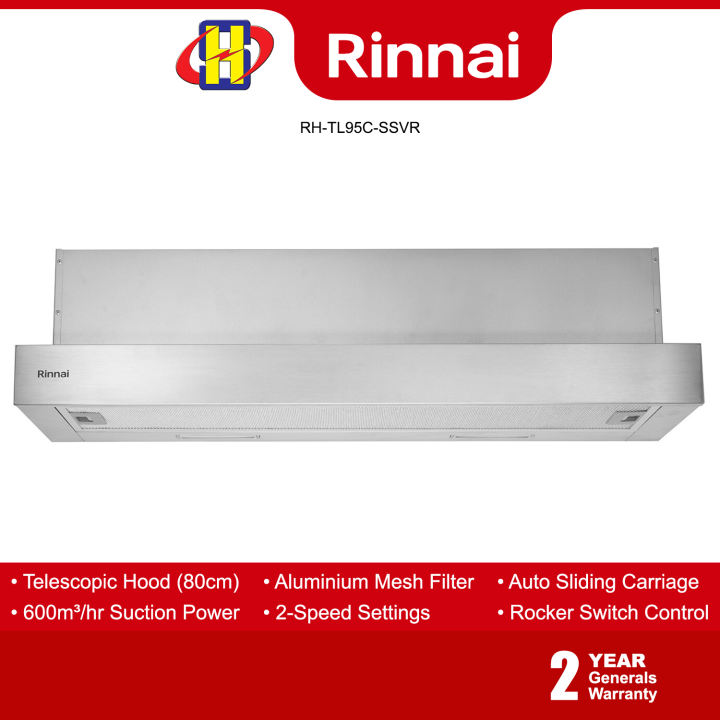 Rinnai Cooker Hood (90cm) 2-Speed Settings Rocker Switch Control Auto Sliding Carriage ...