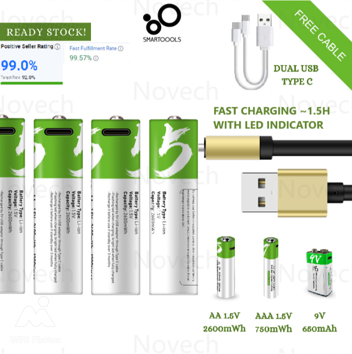 USB Type C rechargeable battery 1.5V lithium Li-ion AA AAA 9v ...