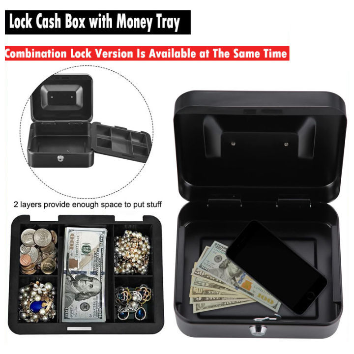 MELEDE Steel Cash Box Safe with Key Lock/Combination Lock,Money Safe ...