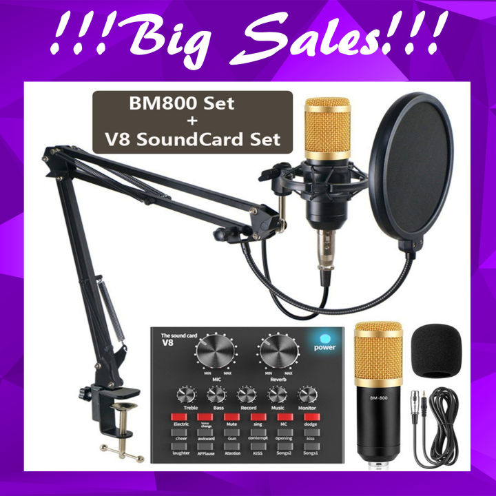 Ready Stock V8 Sound Card + BM800 Mic Set Condenser Microphone Live Sound Card Bluetooth Audio ...
