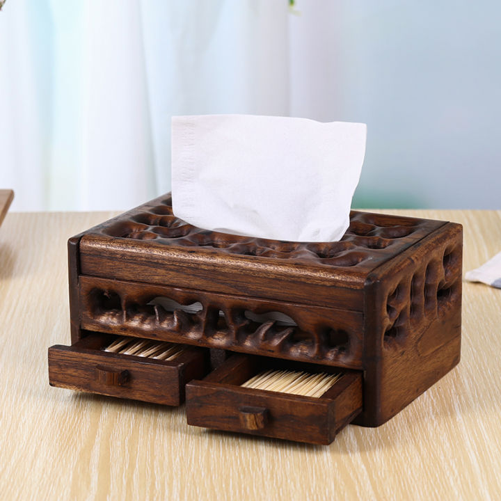 Wooden Tissue Box with 2 Drawers - Hand Hollow Carved Solid Wood ...