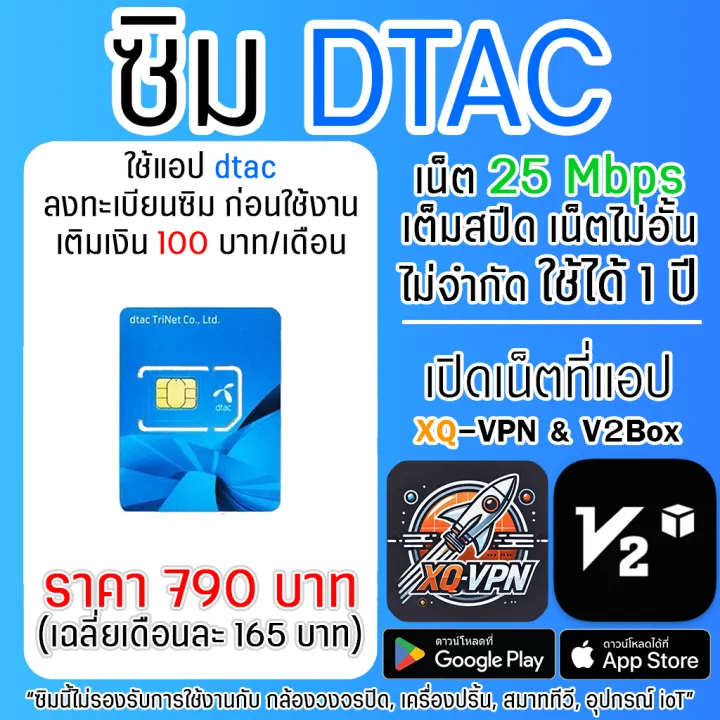 ซิม DTAC เน็ตความเร็ว 25 Mbps 5G ไม่อั้น ไม่จำกัด ไม่ลดสปีด 1 ปี เปิดเน็ตที่แอป XQ-VPN เติมเงิน ...