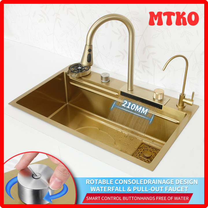 [MTKO] Waterfall Kitchen Sink Gold Stainless Steel Sink Faucet Nano Large Size Wash Basin Sink ...
