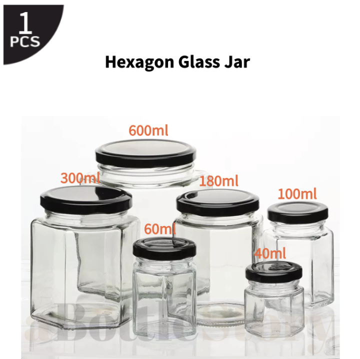 Air Tight Hexagon Glass Jar Mini Bottle Storage Container Honey Spices (60ml/100ml/180ml/280ml ...