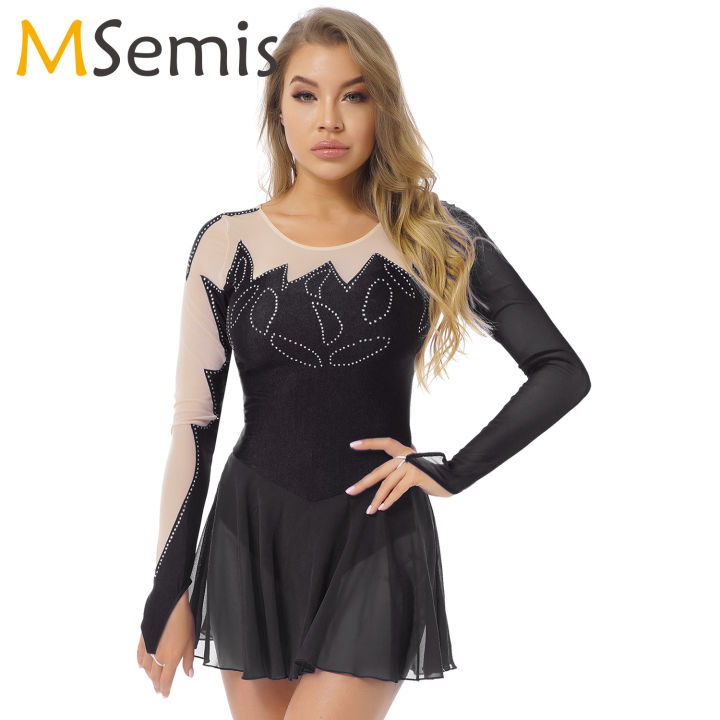 women ballet dance dresses sparkling rhinestone mesh splice figure ...