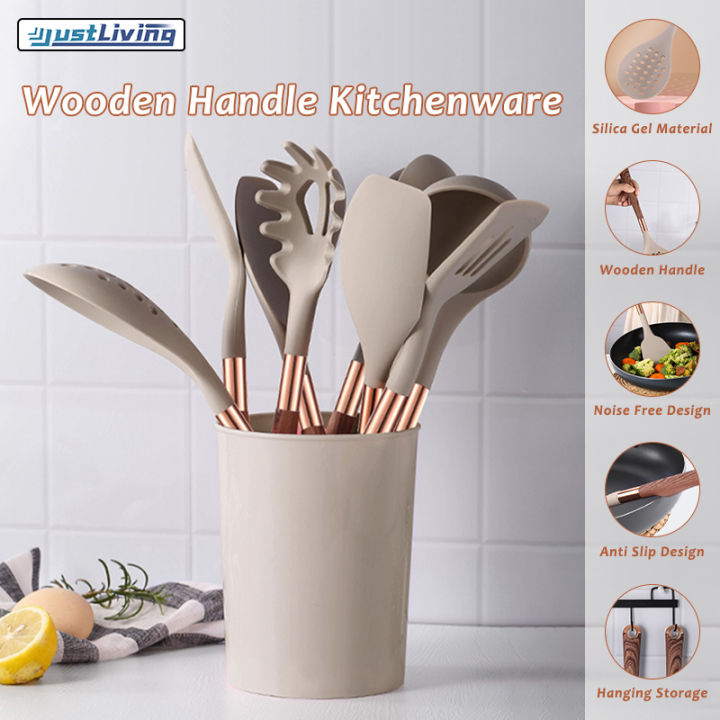 JustLiving 11Piece Wood Grain Silicone Cookware Set Non-Stick Silicone ...