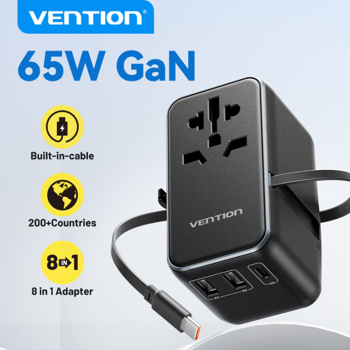 Vention Travel Adapter 65W GaN Universal Travel Charger Built in Type C ...
