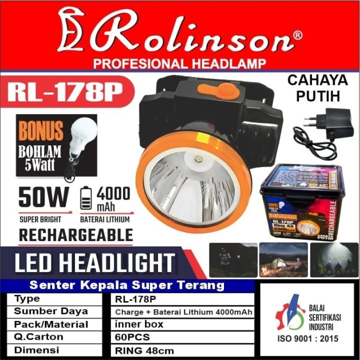 Senter Kepala Led Super Terang 50Watt Cahaya Putih & Cahaya Kuning ...